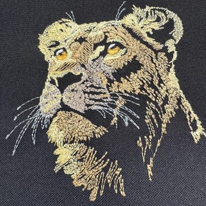 Lioness Embroidery Design – Realistic Big Cat Pattern for Dark Textiles ...