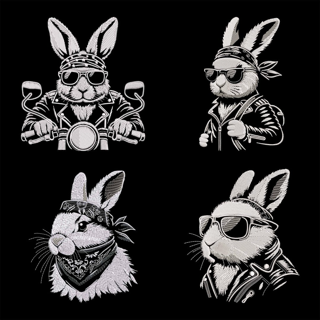 Biker Bunny Embroidery Design Set - Cool Rabbit in Leather Jacket ...