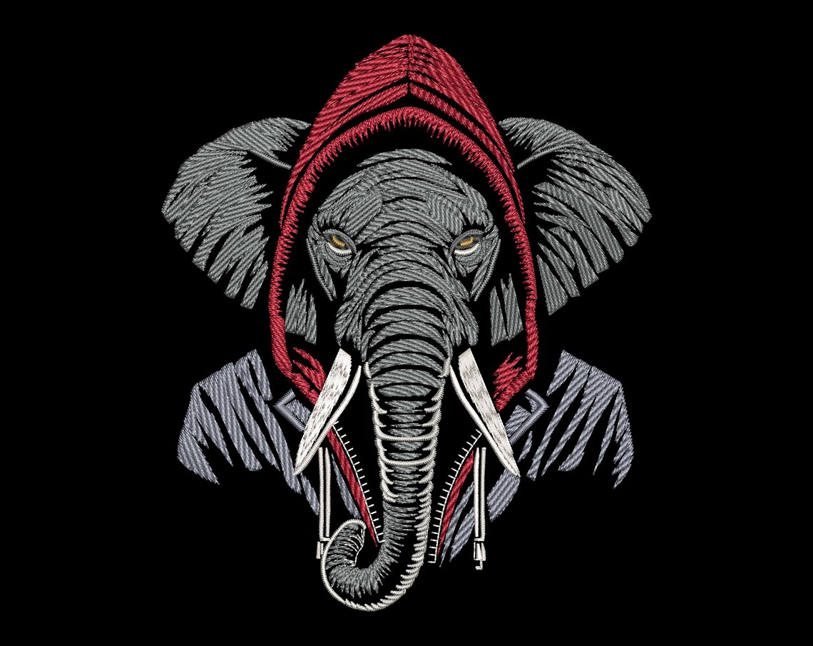 Urban Elephant Embroidery Design - Majestic Elephant With Hoodie ...