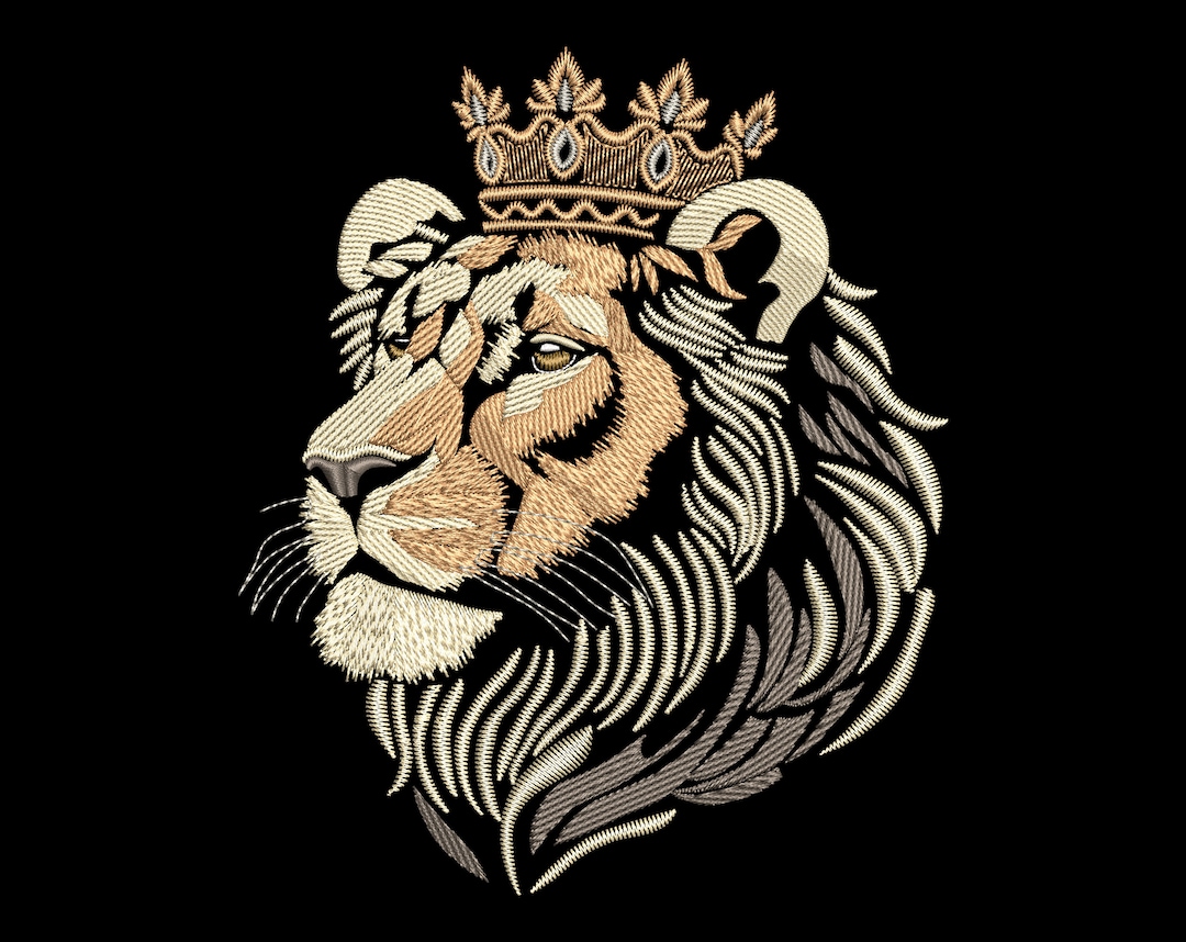 Crowned Lion Head Embroidery Design - Noble Jungle King for Dark ...