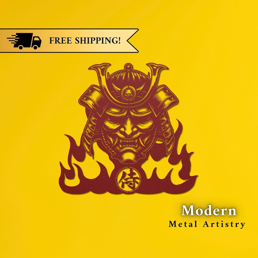 Japanese Samurai Mask Metal Art, Home Decor, Kanji Wall Art for Game ...