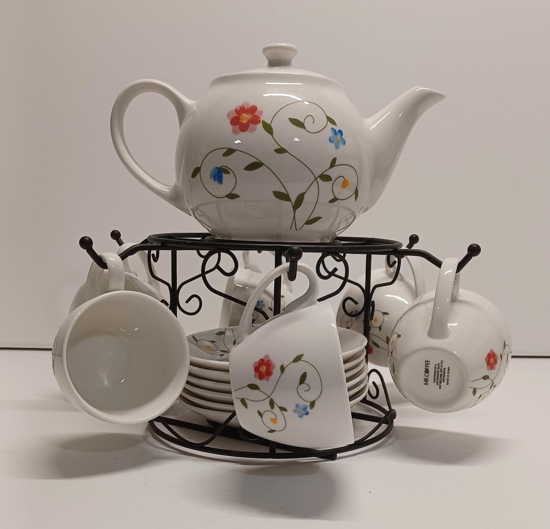 Vintage Mr. Coffee Floral Tea Set With Rack 15 Pc 6 Cups/saucers - Etsy
