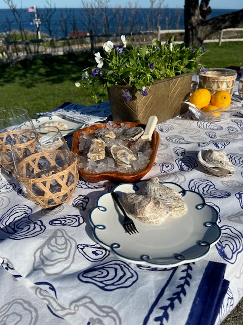 Blue Oyster Tablecloth | Hand Block Linens | Coastal Inspired - Etsy