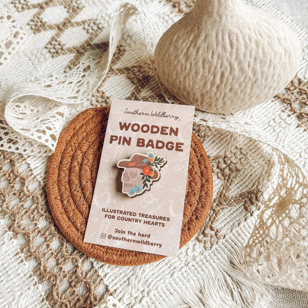 Skull Wooden Pin Badge Cowboy Pin Wooden Brooch Skull and Cowboy Hat ...