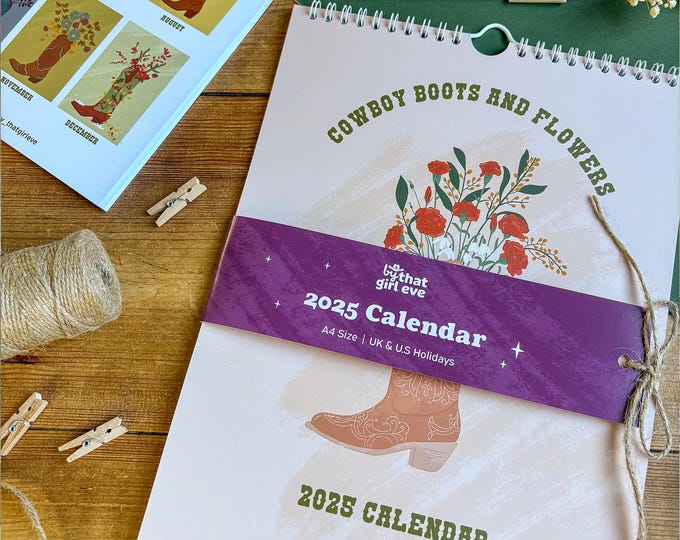 Cowboy Boots and Flowers 2025 Calendar Western A4 Wall Calendar Cowgirl ...