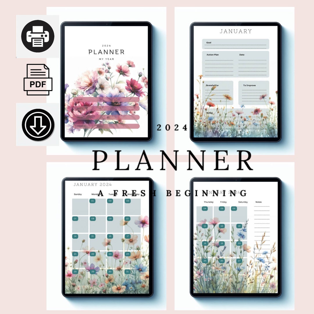 2024 Printable Planner Calendar Beautiful Watercolour Flowers - Etsy
