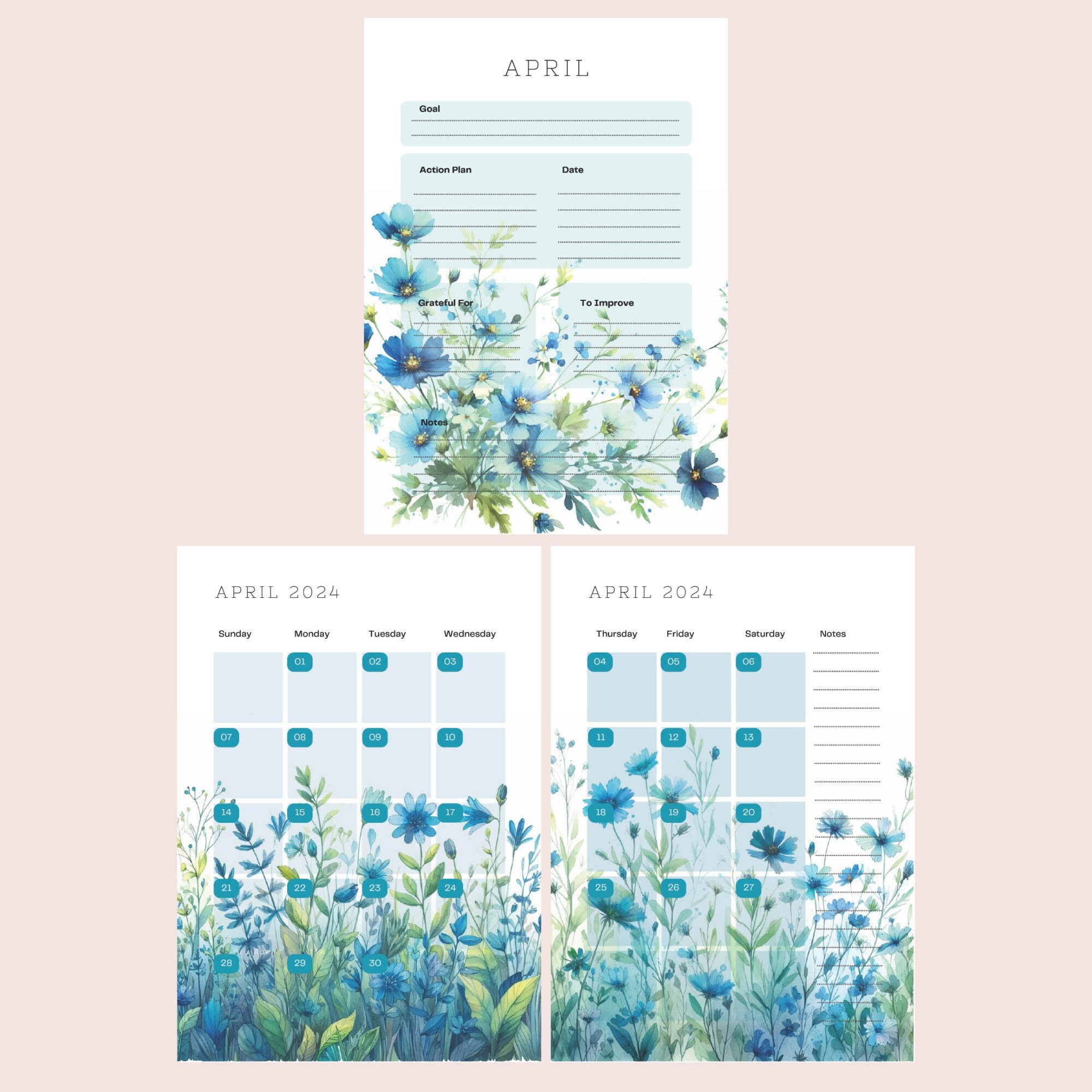 2024 Printable Planner Calendar Beautiful Watercolour Flowers - Etsy
