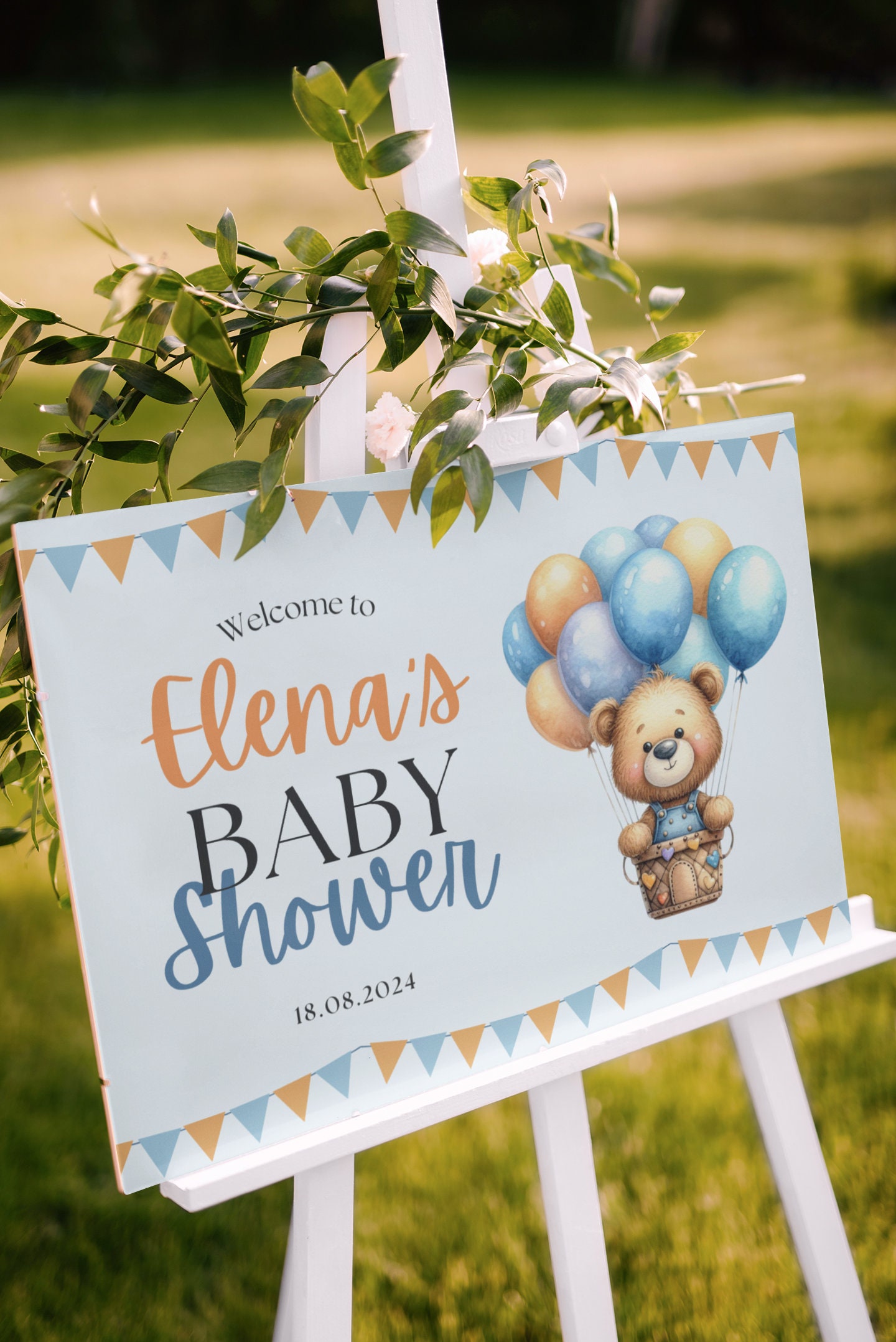 Floating Bear Baby Shower Welcome Sign | Orange and Blue Balloons Baby ...