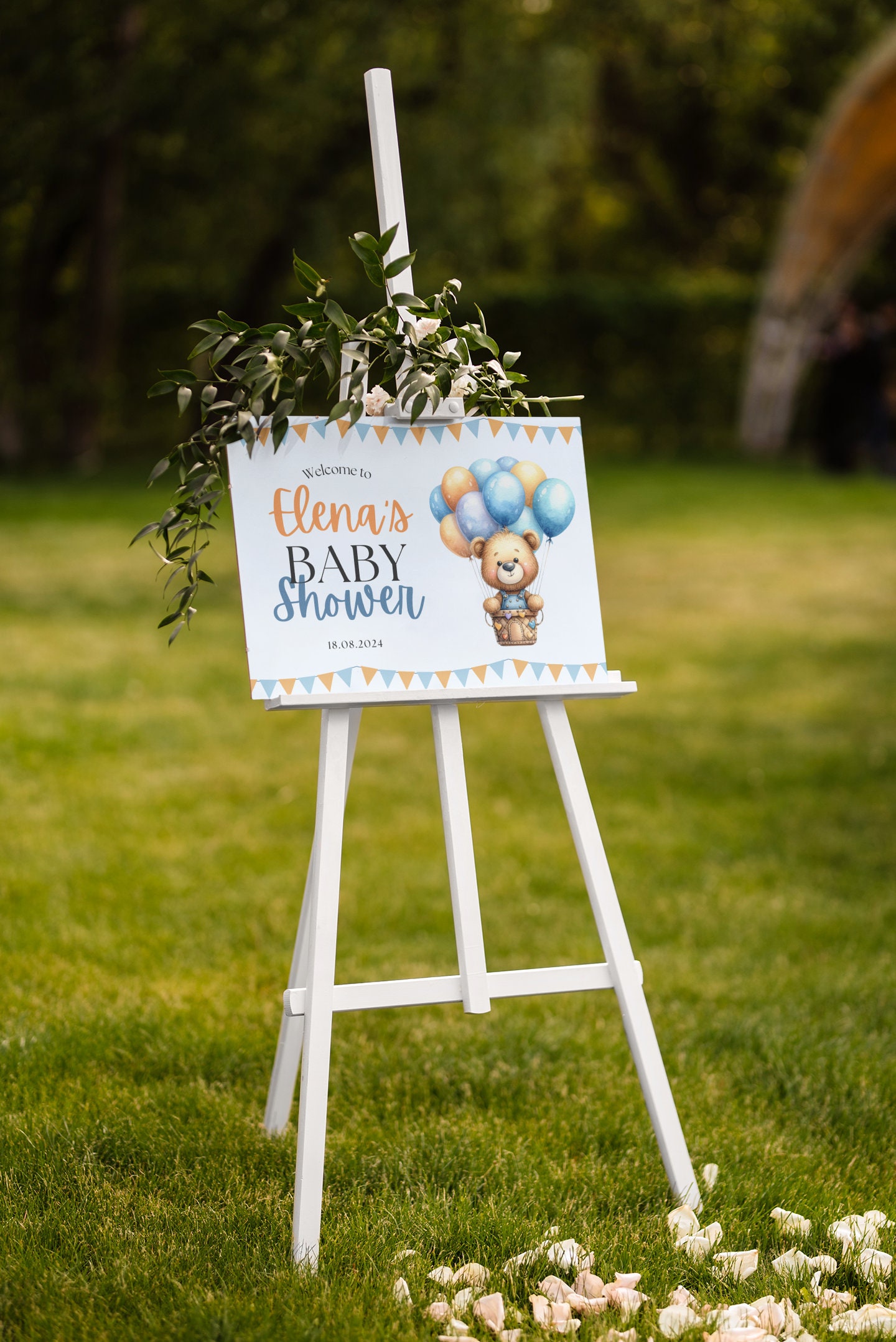Floating Bear Baby Shower Welcome Sign | Orange and Blue Balloons Baby ...