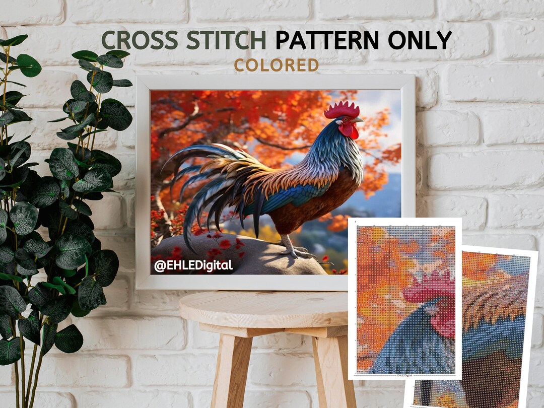 Cross Stitch Pattern Rooster, Cross Stitch Chart, Colored Cross Stitch ...