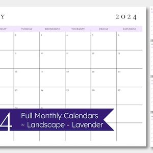 2024 [lavender] Landscape Printable Calendar: Sleek, Minimalist Design ...