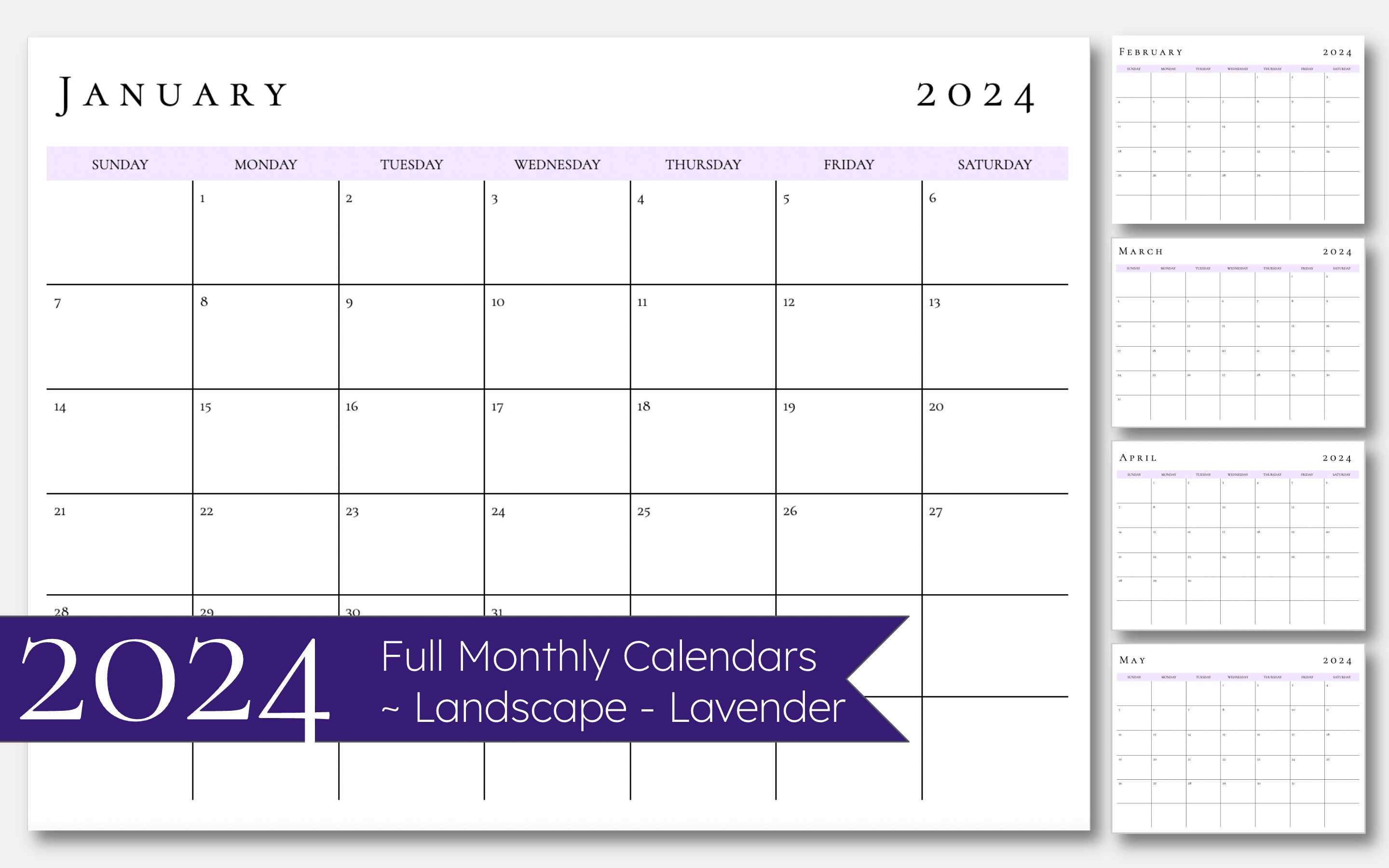 2024 lavender Landscape Printable Calendar: Sleek - Etsy