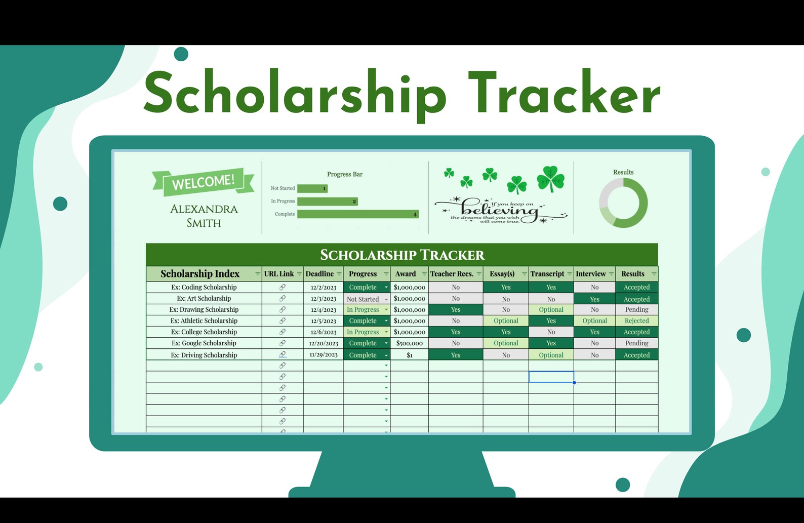 Scholarship Tracker [LUCKY GREEN] ~ Google Sheets Spreadsheet Template ...