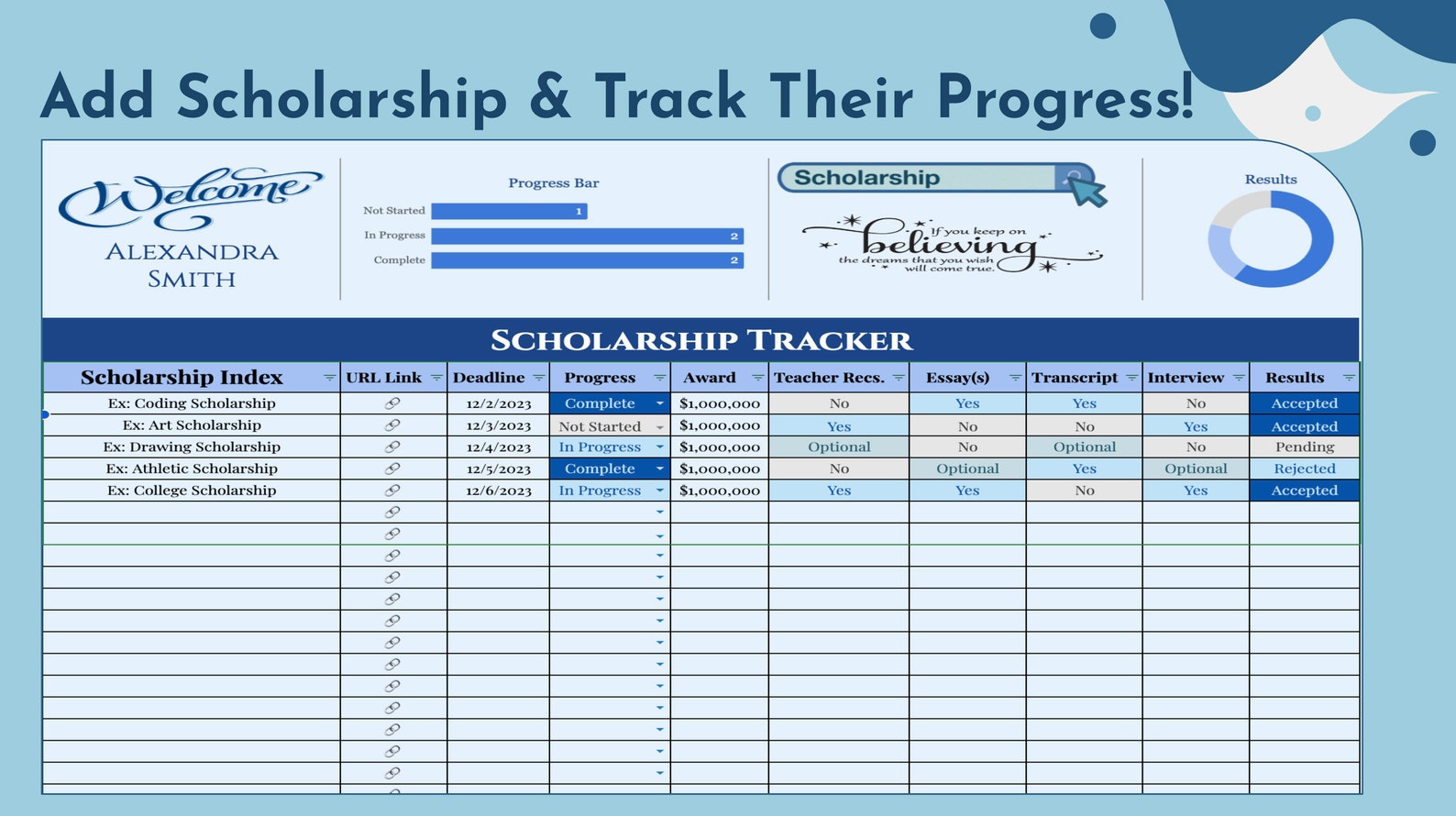 Scholarship Tracker [BLUE] ~ Google Sheets Spreadsheet Template ~ Track ...