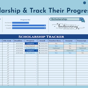Scholarship Tracker [BLUE] ~ Google Sheets Spreadsheet Template ~ Track ...