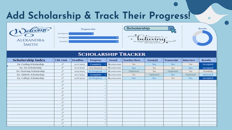 Scholarship Tracker [BLUE] ~ Google Sheets Spreadsheet Template ~ Track ...