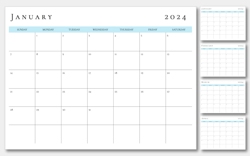2024 [blue] Landscape Printable Calendar: Sleek, Minimalist Design ...
