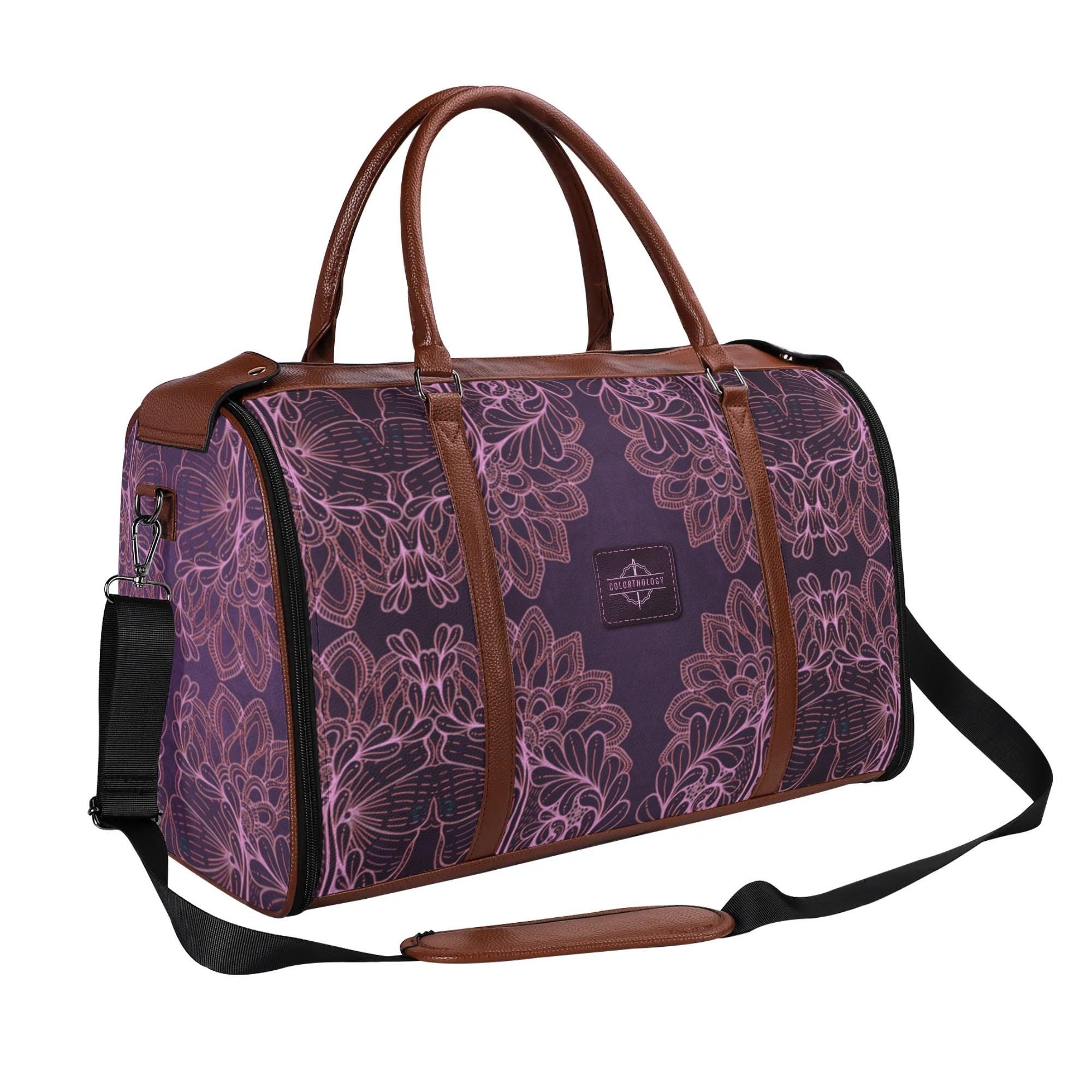 Royal Purple Brocadesque Vegan Leather Duffle Bag. Foldable Travel Bag