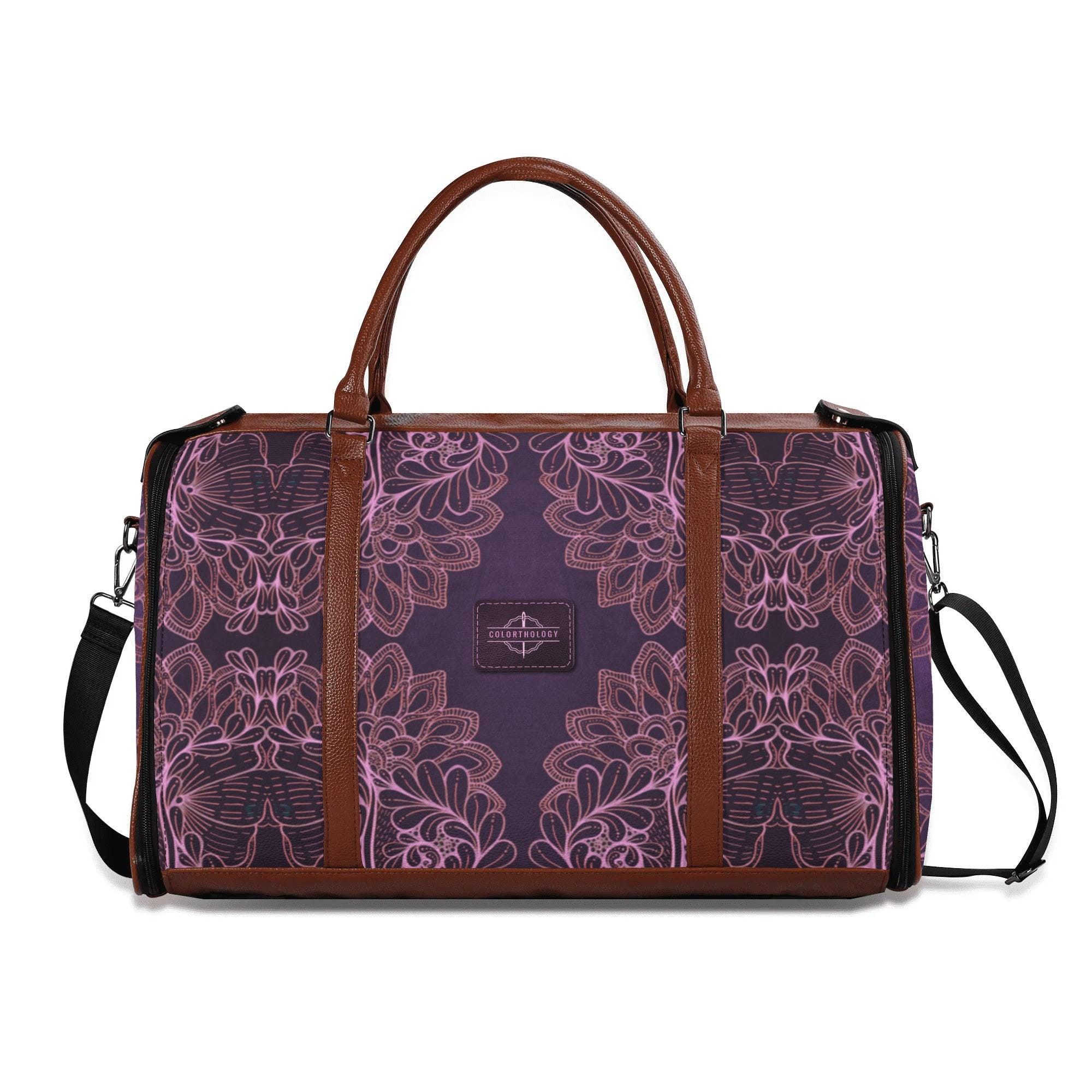 Royal Purple Brocadesque Vegan Leather Duffle Bag. Foldable Travel Bag