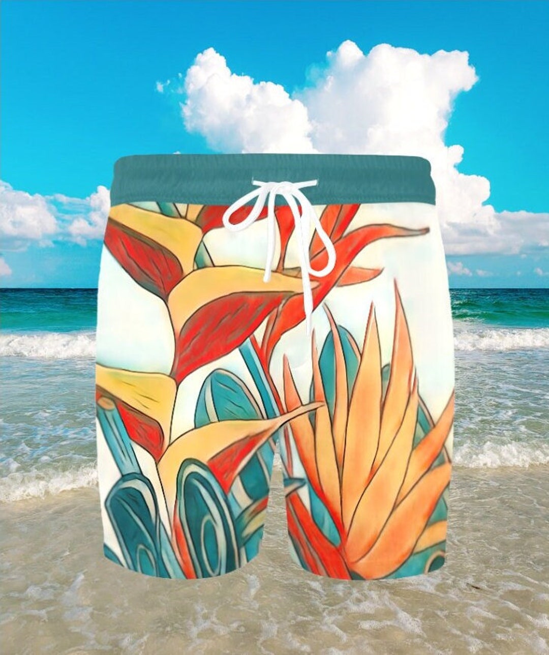 Mid-length Swim Board Shorts: Tropical, Unisex Bathing Suit, Swim ...