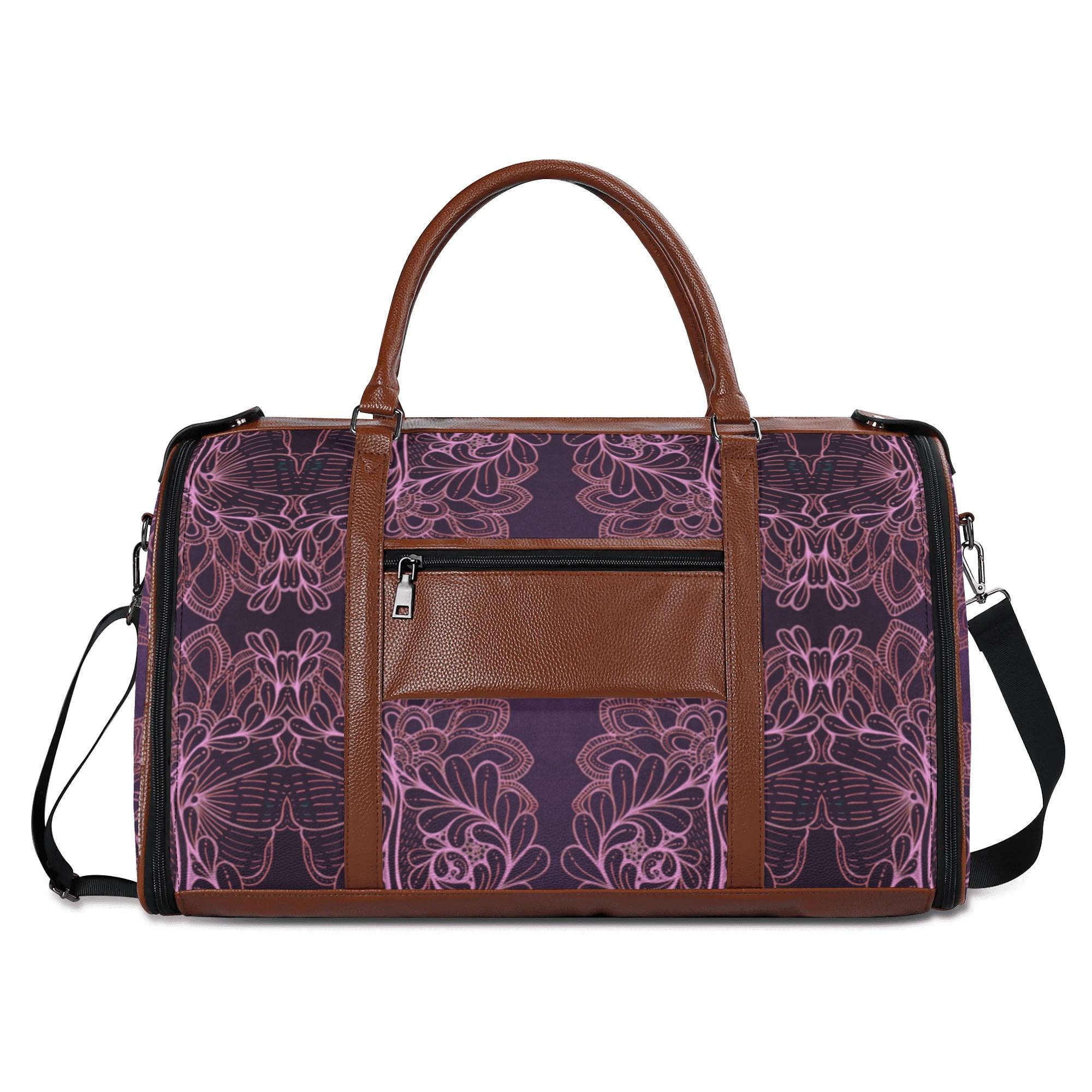Royal Purple Brocadesque Vegan Leather Duffle Bag. Foldable Travel Bag