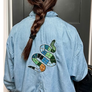 Blue Shirt With Hand Embroidered Snake Design, Button Down, Hand ...