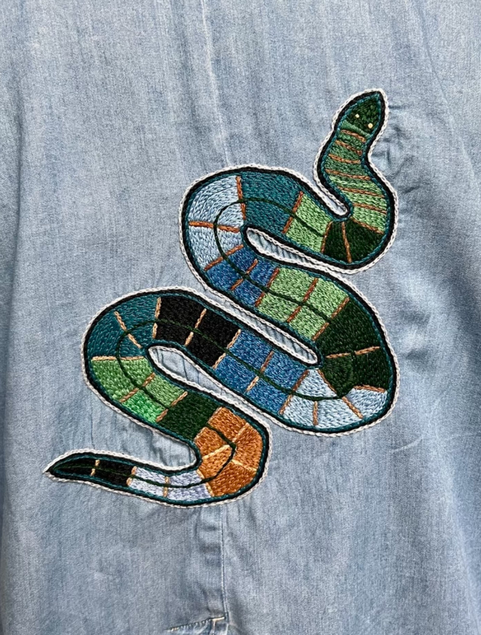 Blue Shirt With Hand Embroidered Snake Design, Button Down, Hand ...