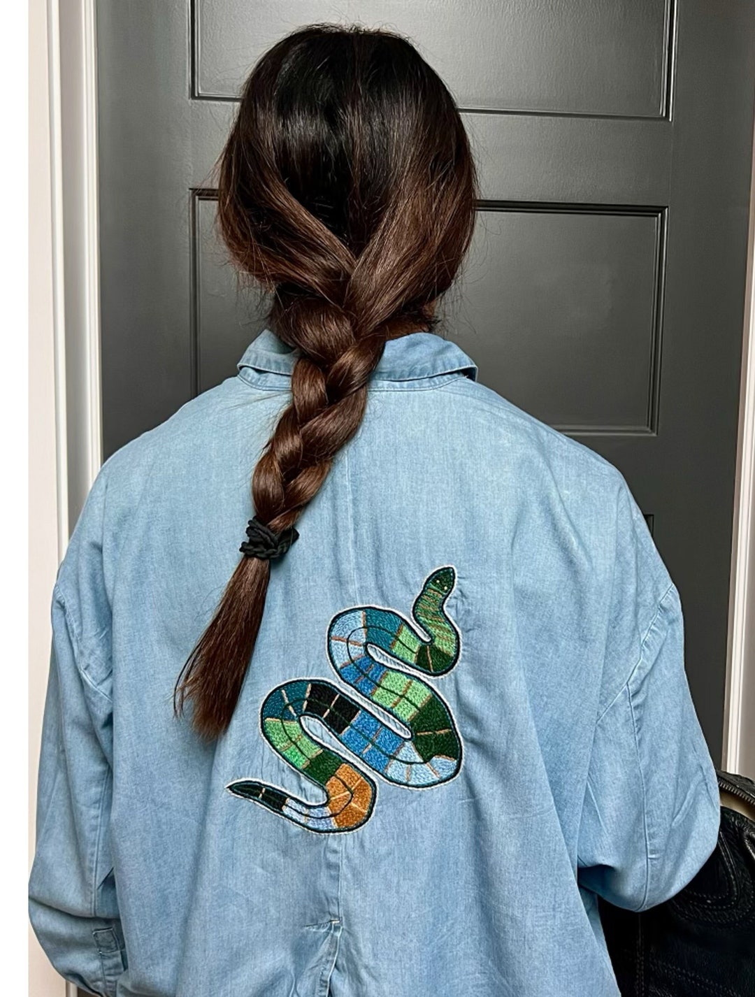 Blue Shirt With Hand Embroidered Snake Design, Button Down, Hand ...