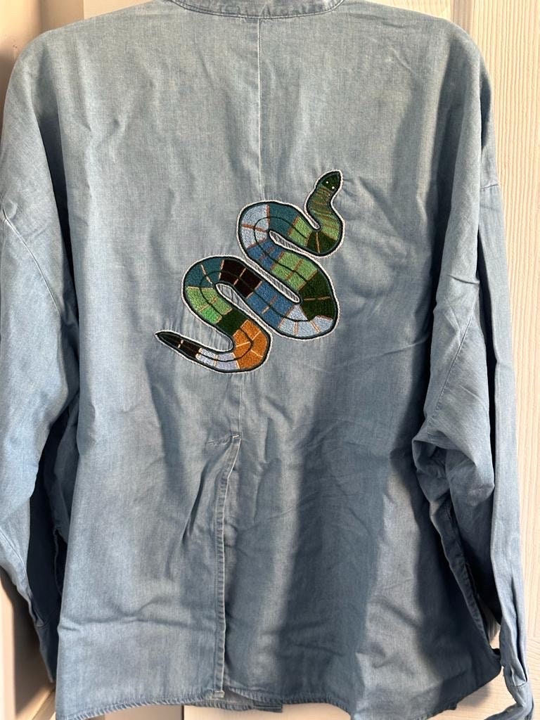 Blue Shirt With Hand Embroidered Snake Design, Button Down, Hand ...