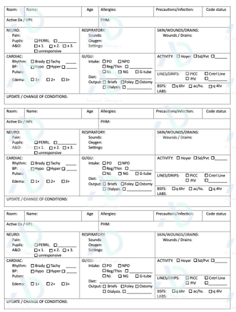 Nurse to Nurse Report Form, Medical Notes Form, Patient Info Notes ...