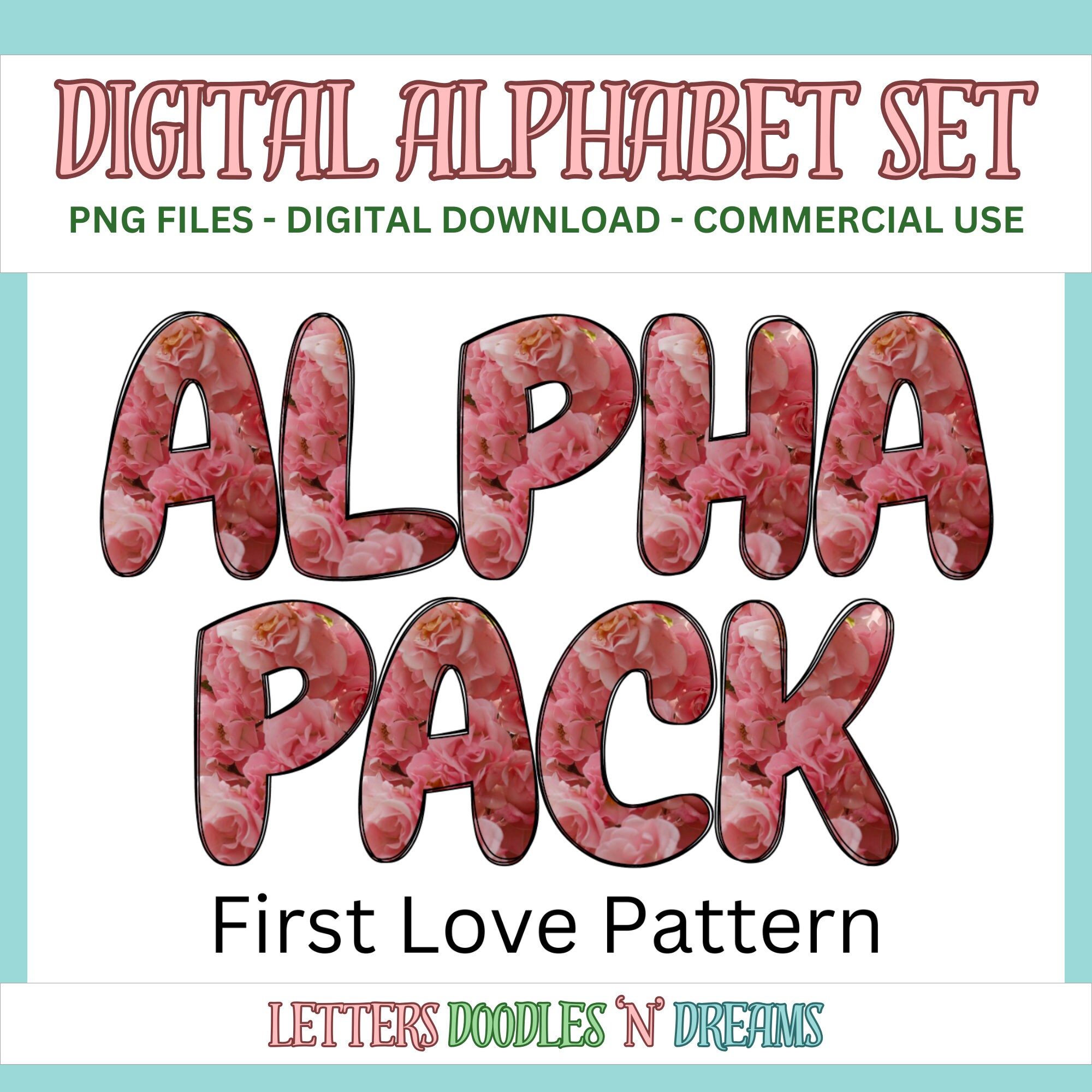Pink Rose Digital Alphabet Set, Printable PNG Alpha Pack Design, Doodle ...