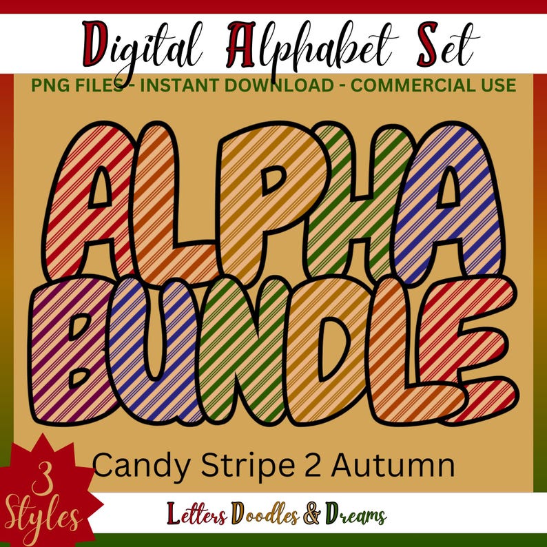 Vintage Fall Colors Candy Stripe Digital Alphabet, Printable PNG Font ...