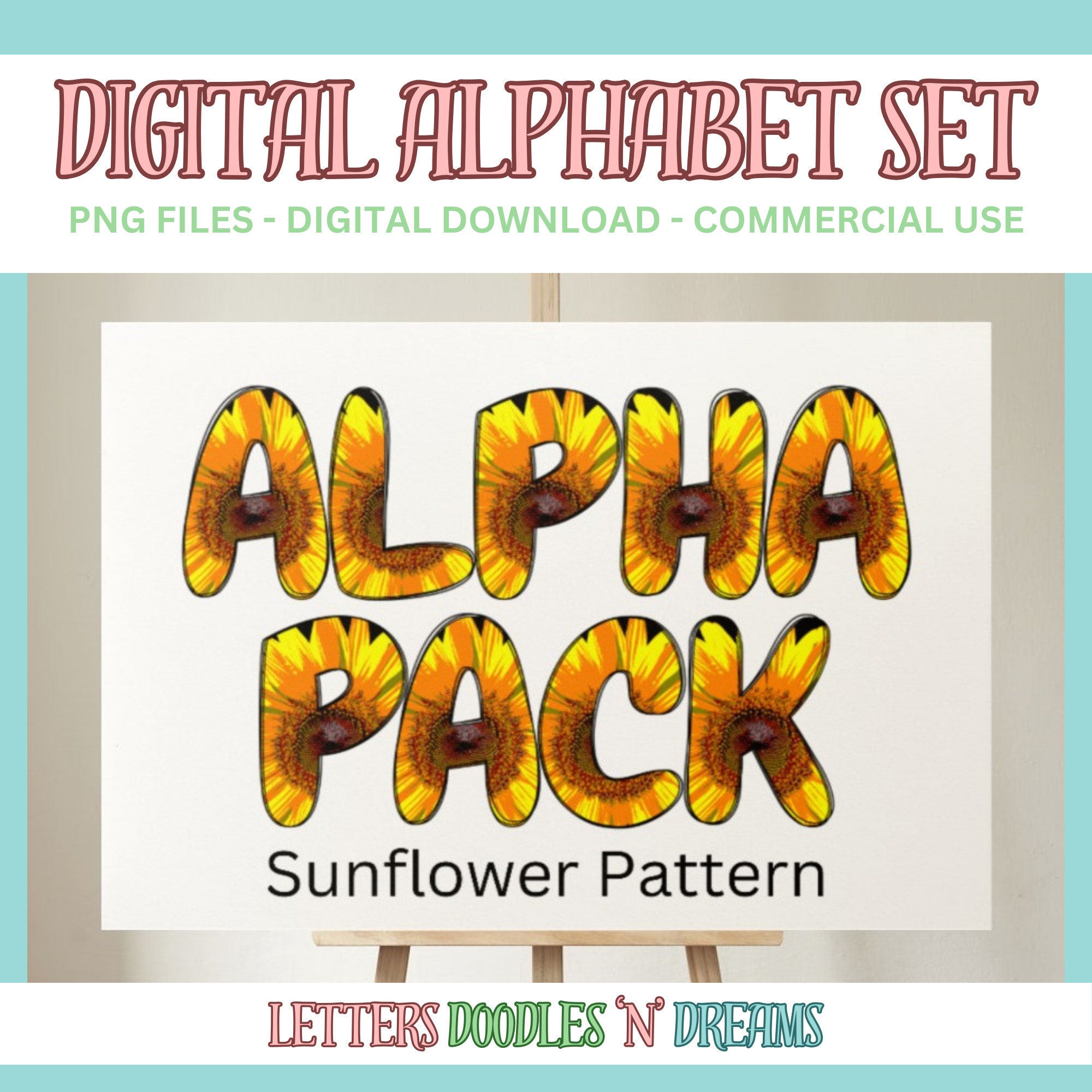 Sunflower Digital Alphabet Set, Printable PNG Alpha Pack Design, Doodle ...