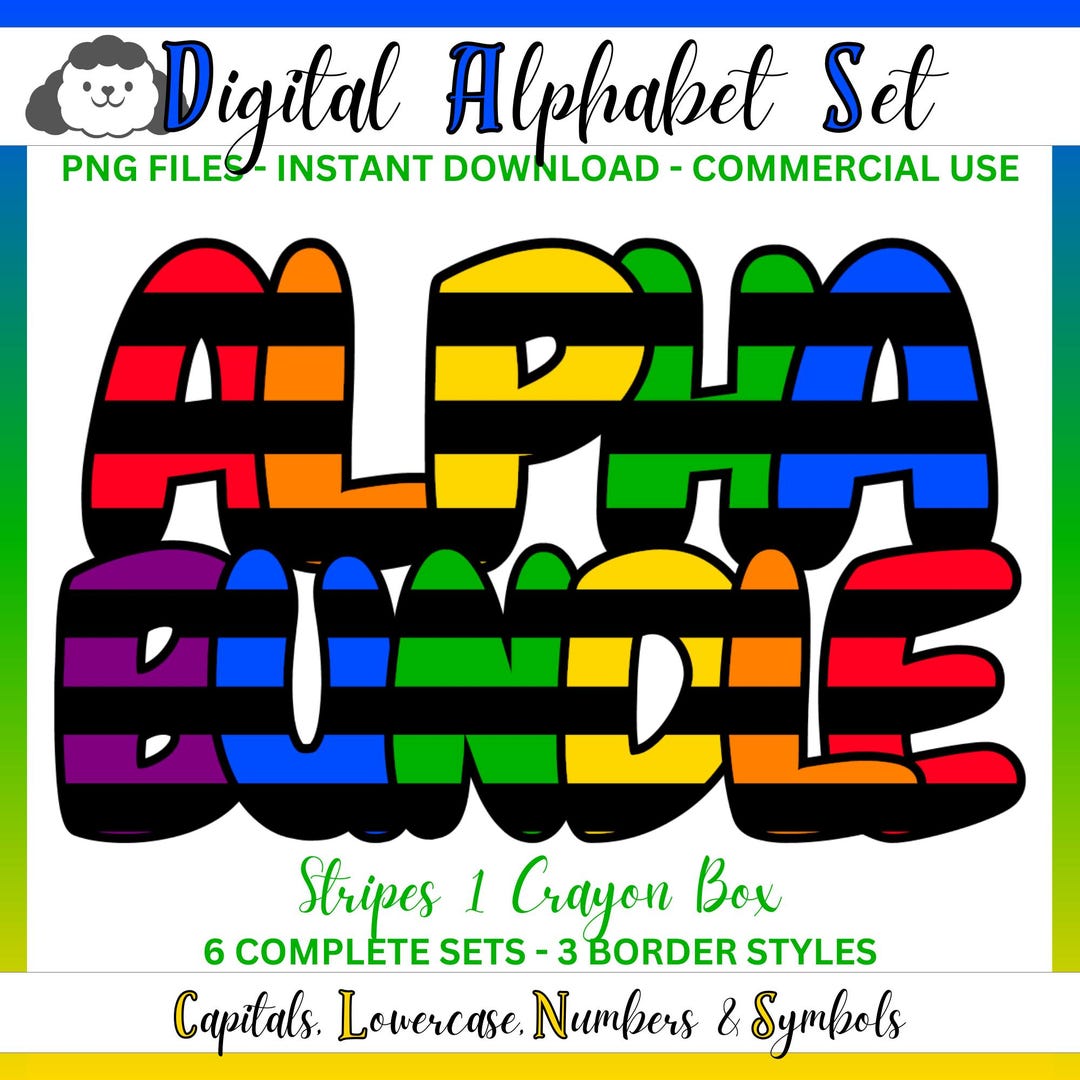 Rainbow Wide Stripe Alpha Doodle Letter Font PNG Clipart Printable ...