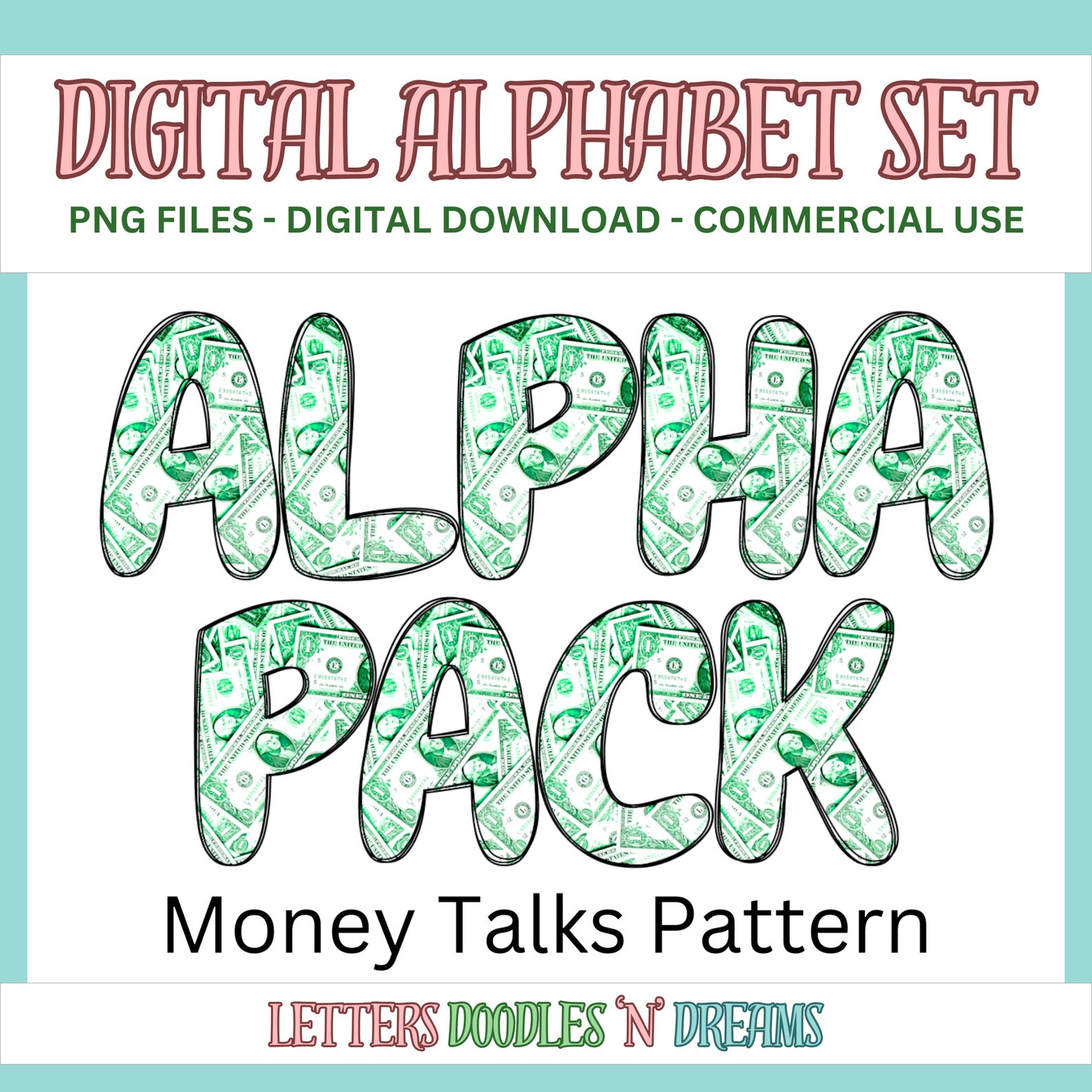Green Money Digital Alphabet Set, Printable PNG Alpha Pack Design ...
