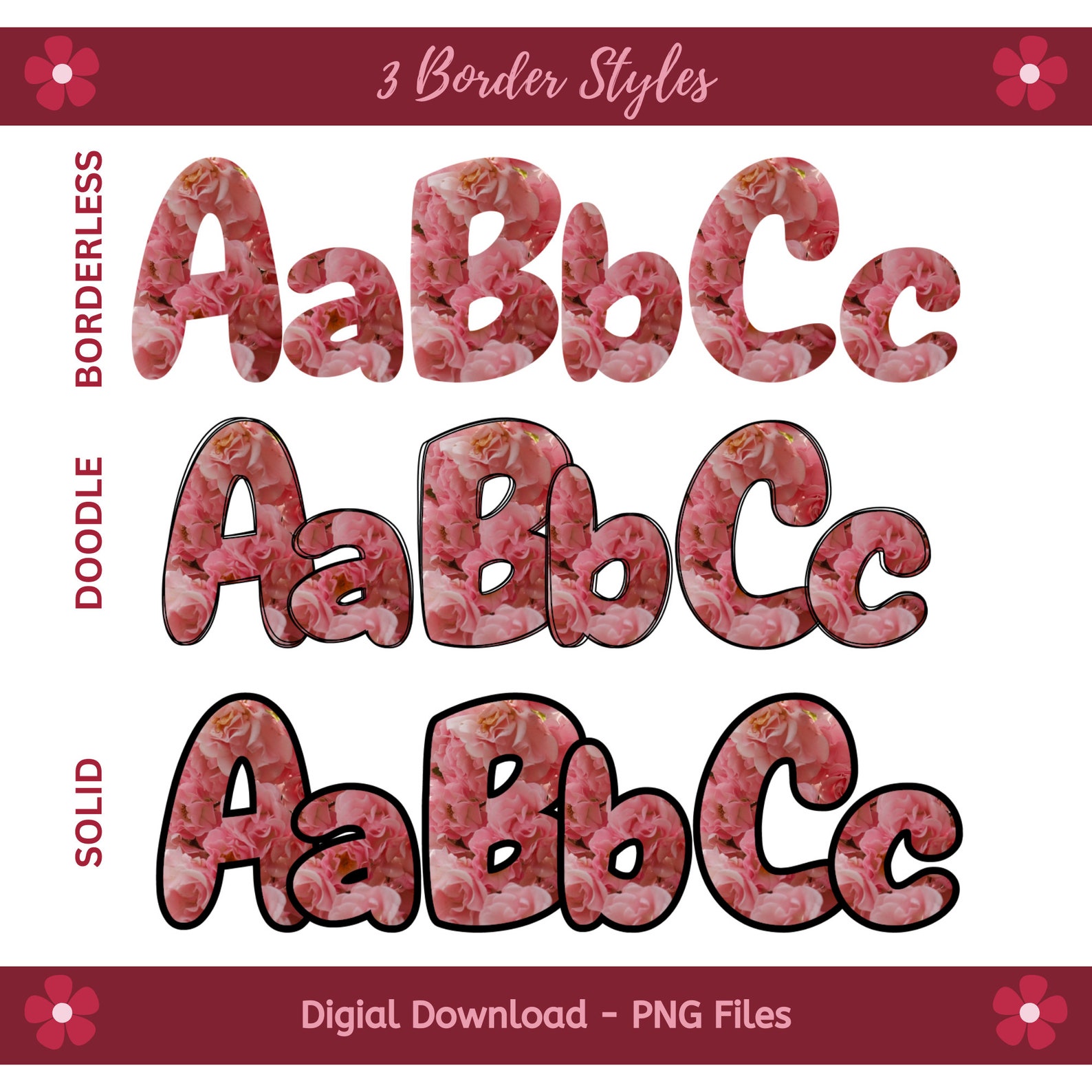 Pink Rose Digital Alphabet Set, Printable PNG Alpha Pack Design, Doodle ...