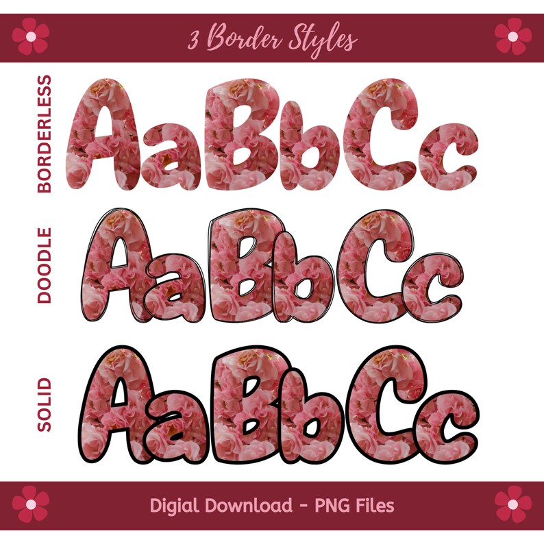 Pink Rose Digital Alphabet Set, Printable PNG Alpha Pack Design, Doodle ...