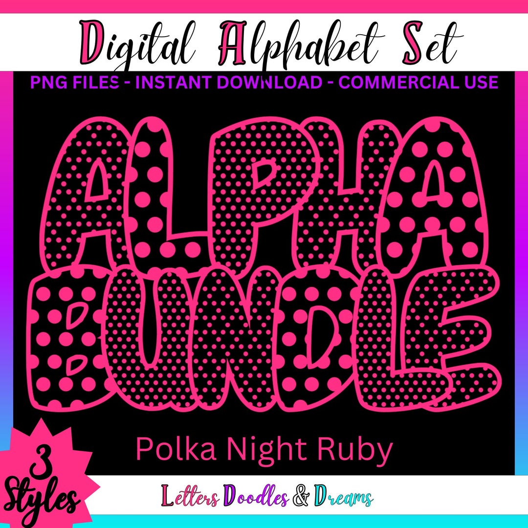 Neon Pink Polka Dots Digital Alphabet Set, Printable PNG Alpha Pack ...