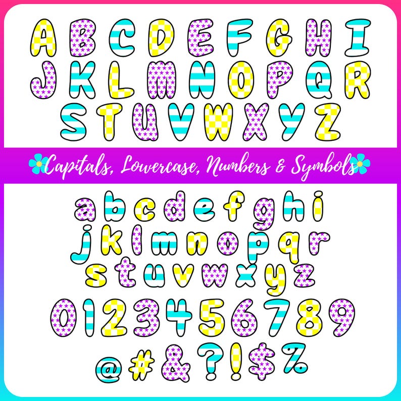 Checkers & Stars Digital Alphabet Set, Printable PNG Font Alpha Pack ...