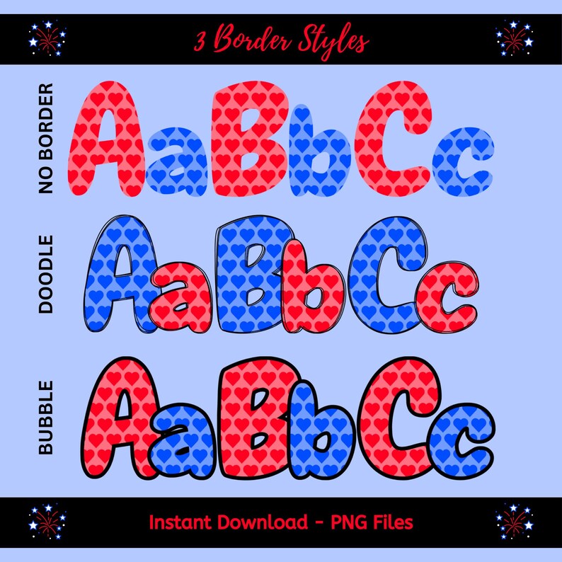 Patriotic Monochrome Heart Digital Alphabet Set, Printable PNG Font ...