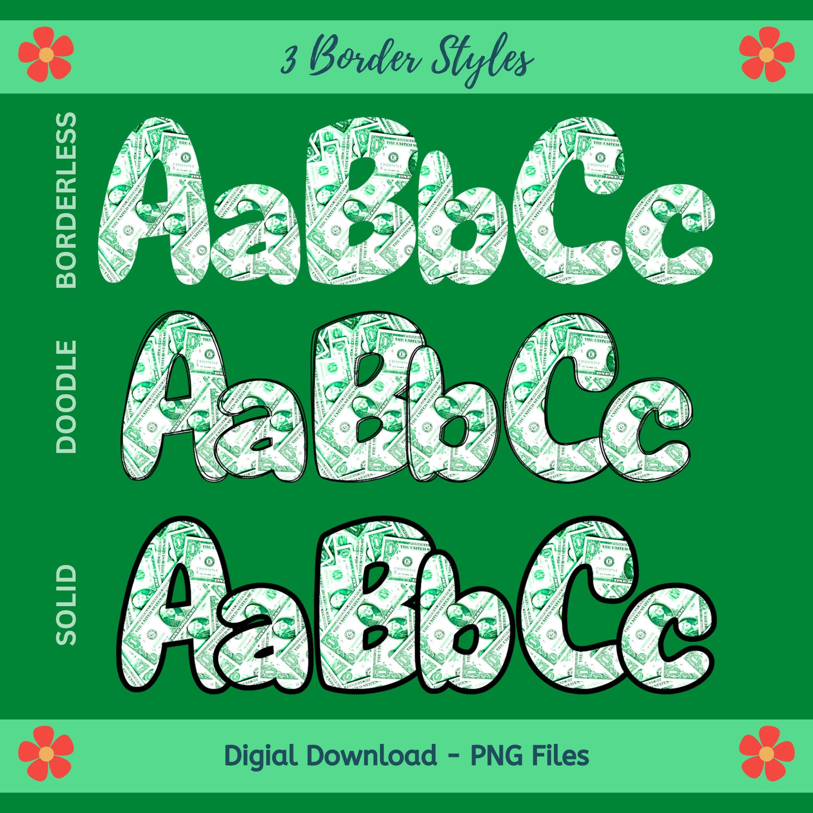Green Money Digital Alphabet Set, Printable PNG Alpha Pack Design ...