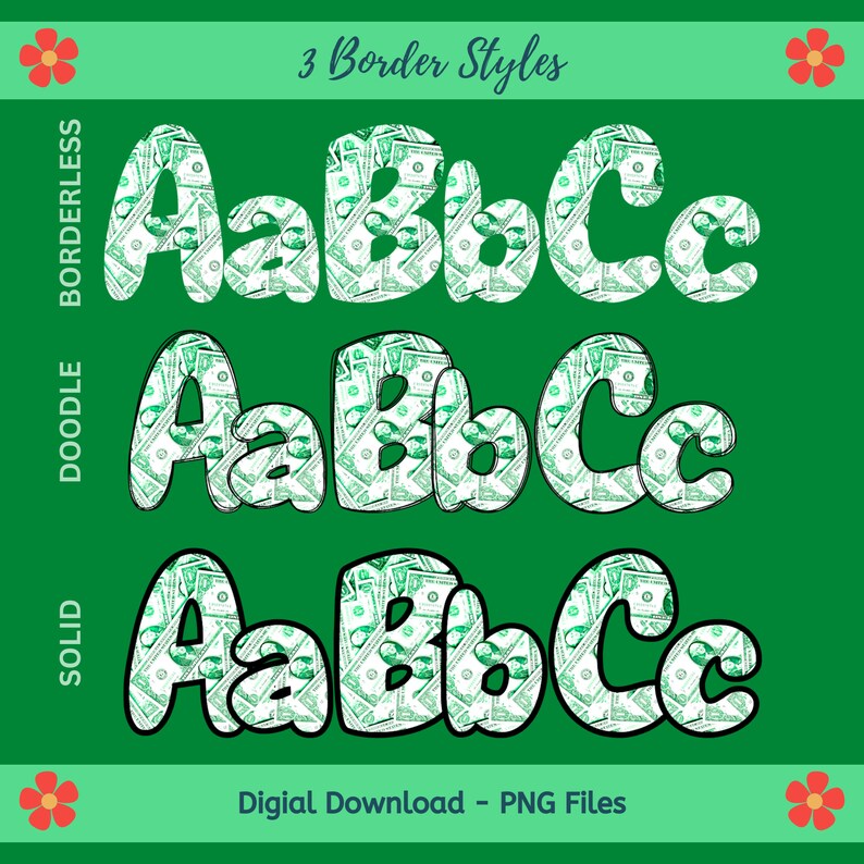 Green Money Digital Alphabet Set, Printable PNG Alpha Pack Design ...