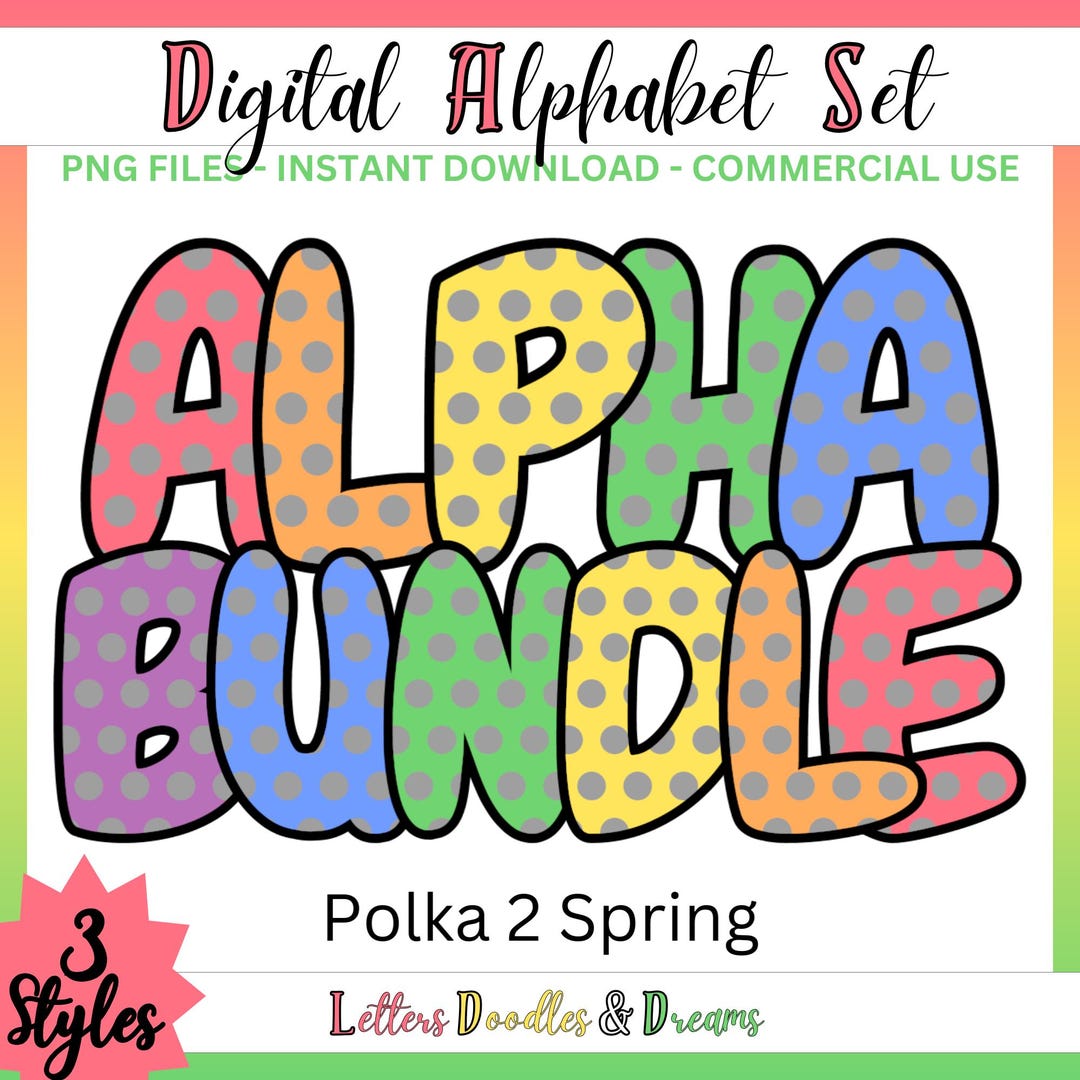 Pastel Polka Dot Alpha Doodle Letter Font PNG Clipart Printable Digital ...