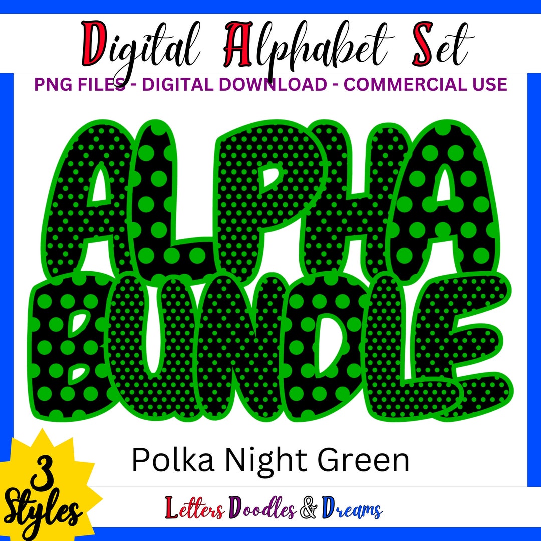 Green Polka Dot Digital Alphabet Set, Printable PNG Alpha Pack Design ...