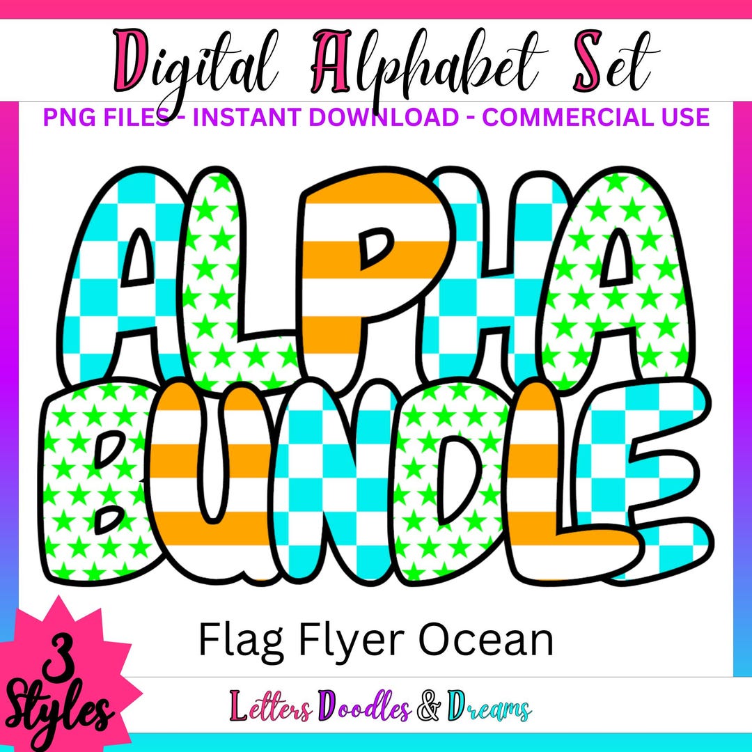 Checkers & Stars Digital Alphabet Set, Printable PNG Font Alpha Pack ...