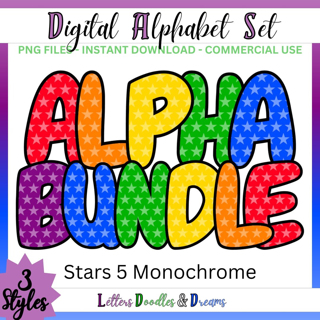 Monochrome Stars Digital Alphabet Set, Printable PNG Alpha Pack Design ...