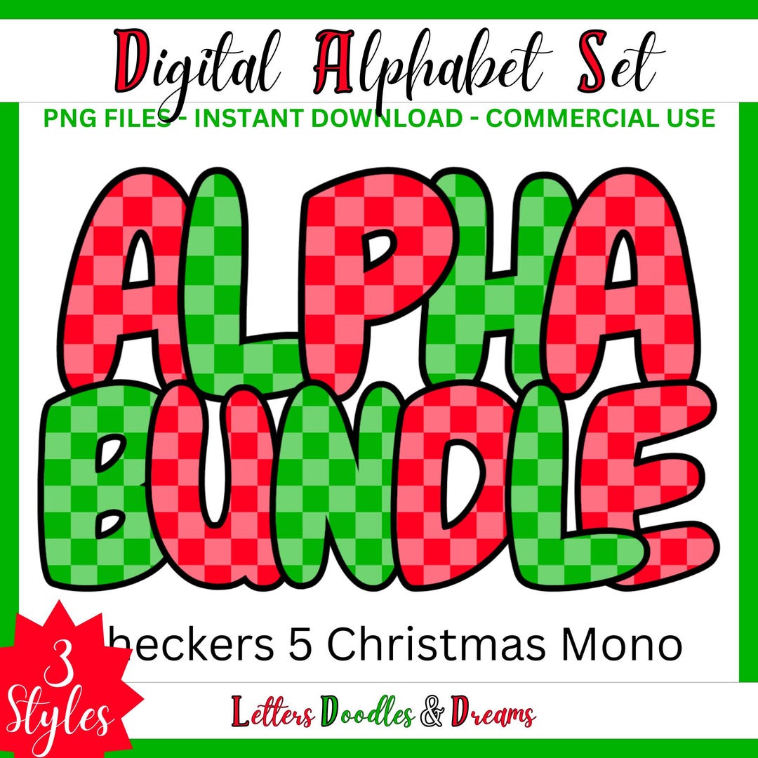 Christmas Checkers Digital Alphabet Set, Printable PNG Alpha Pack ...