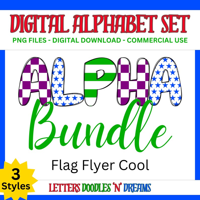 Checkers & Stars Digital Alphabet Set, Printable PNG Alpha Pack Design ...