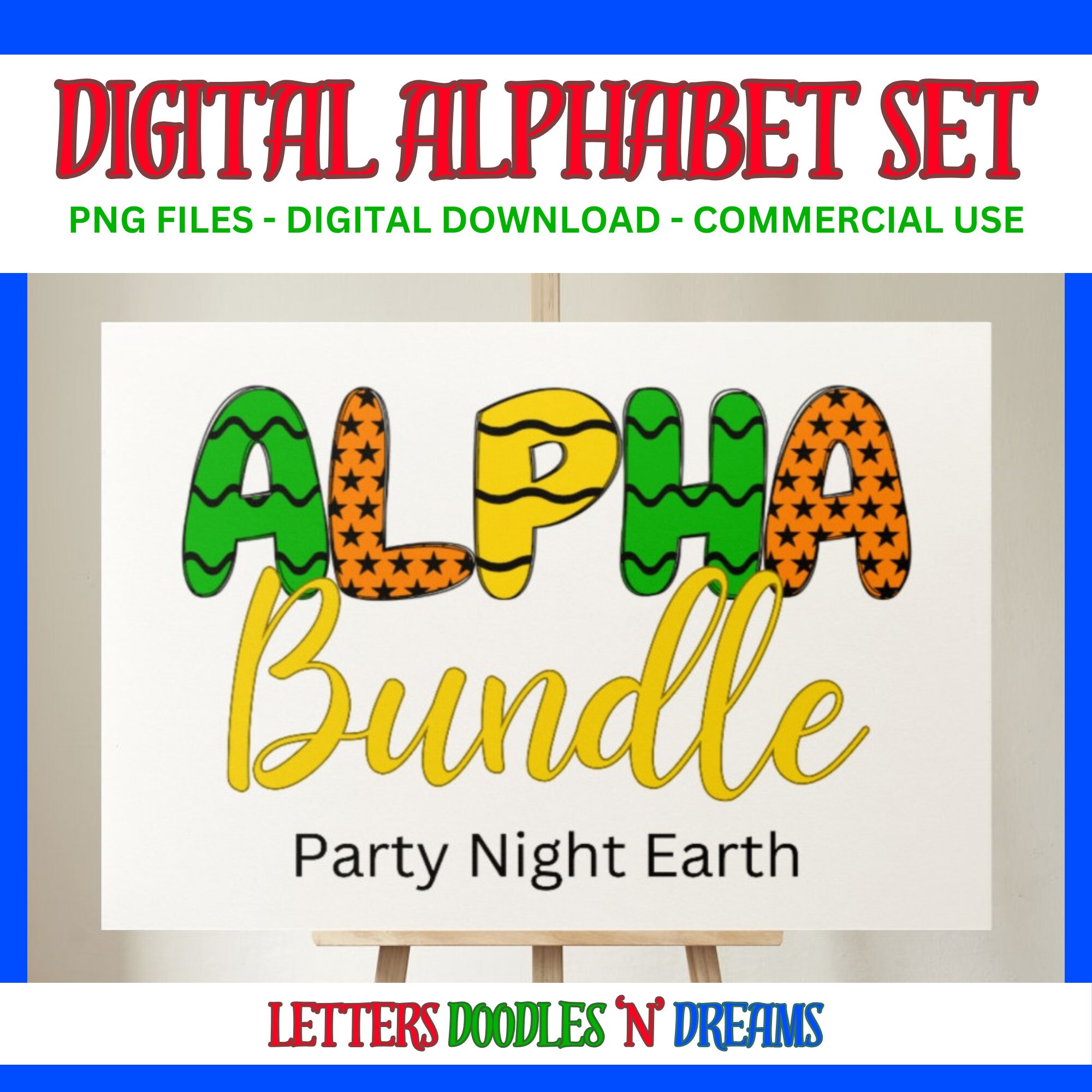 Stars & Streamers Digital Alphabet Set, Printable PNG Alpha Pack Design ...
