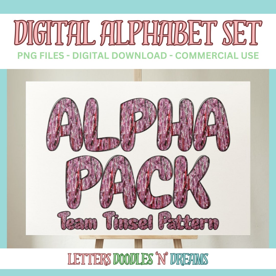 Pink Tinsel Alphabet Set, Printable PNG Alpha Pack Design, Doodle ...